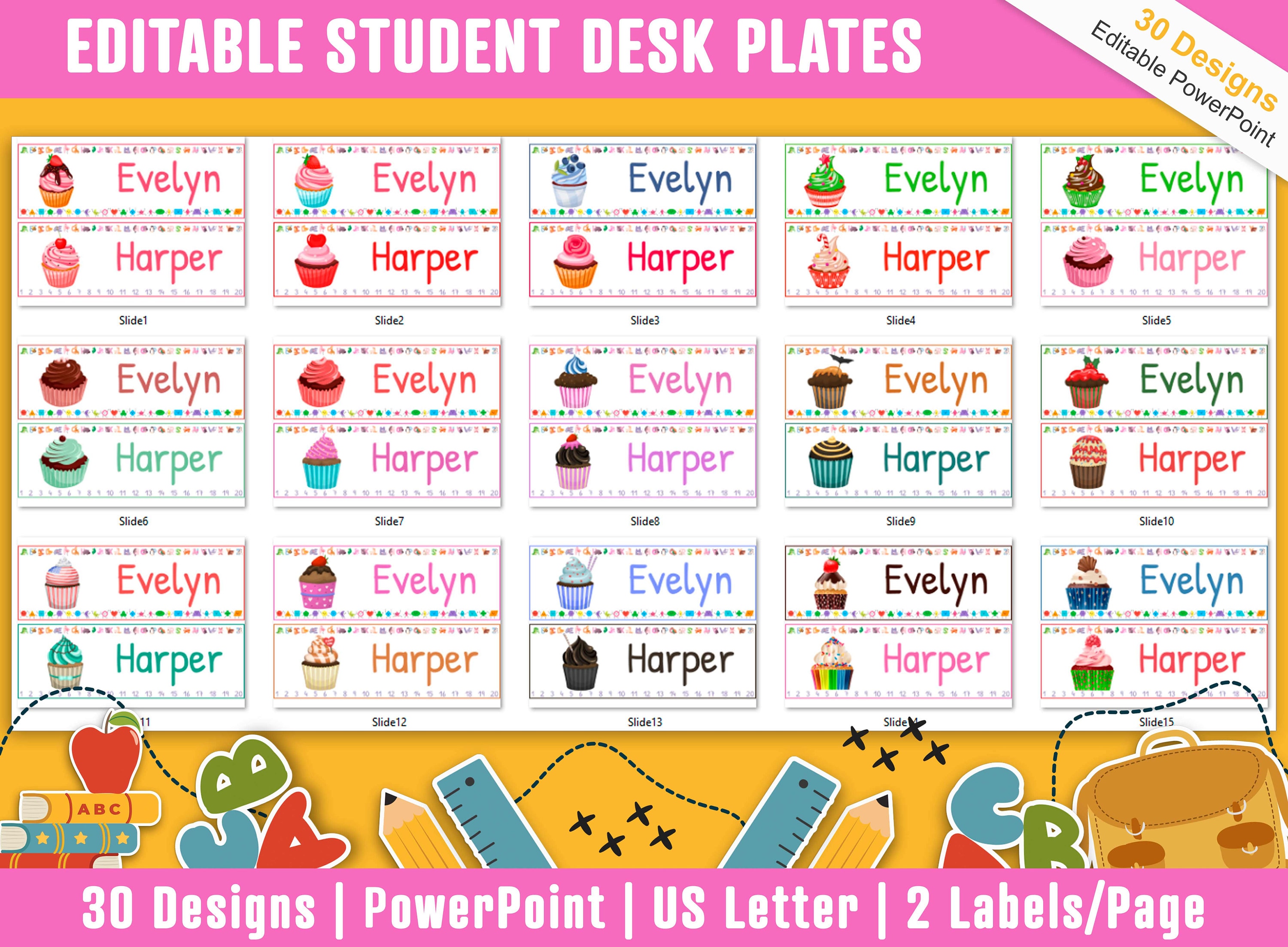 Student Desk Plates 30 Printable/editable Cupcake & Muffin Classroom ...