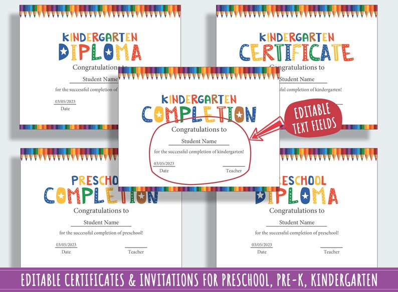 Preschool and Kindergarten Diploma, Certificate, and Invitation ...