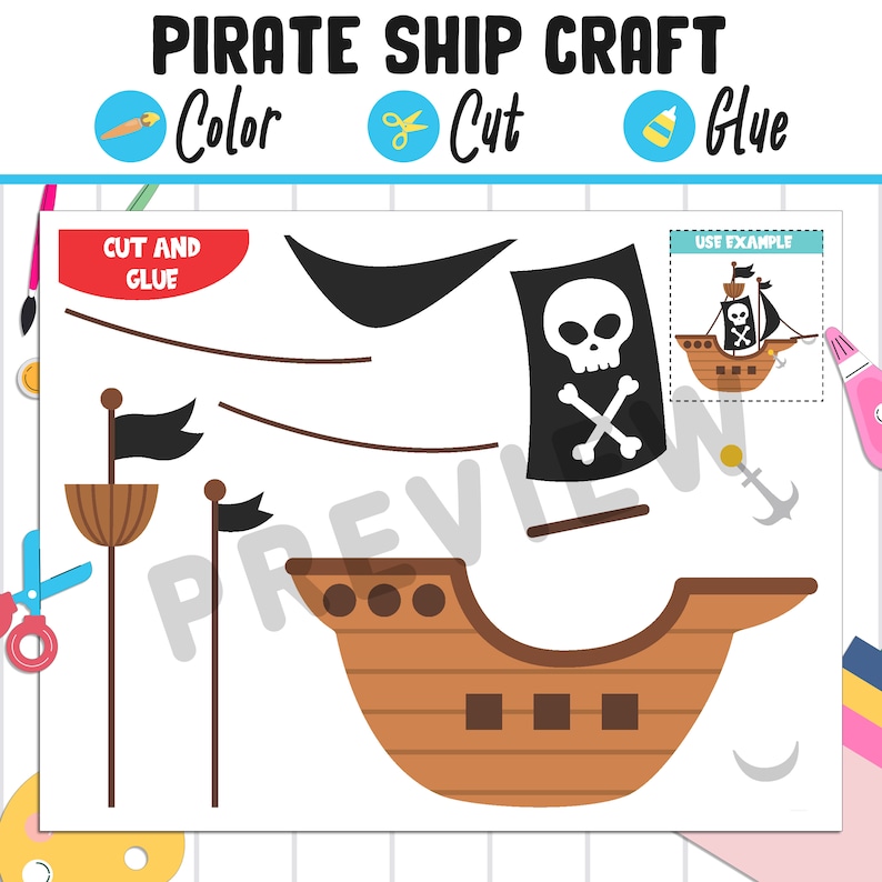 Pirate Ship Craft: Color, Cut, and Glue, a Fun Activity for Prek to 2nd ...