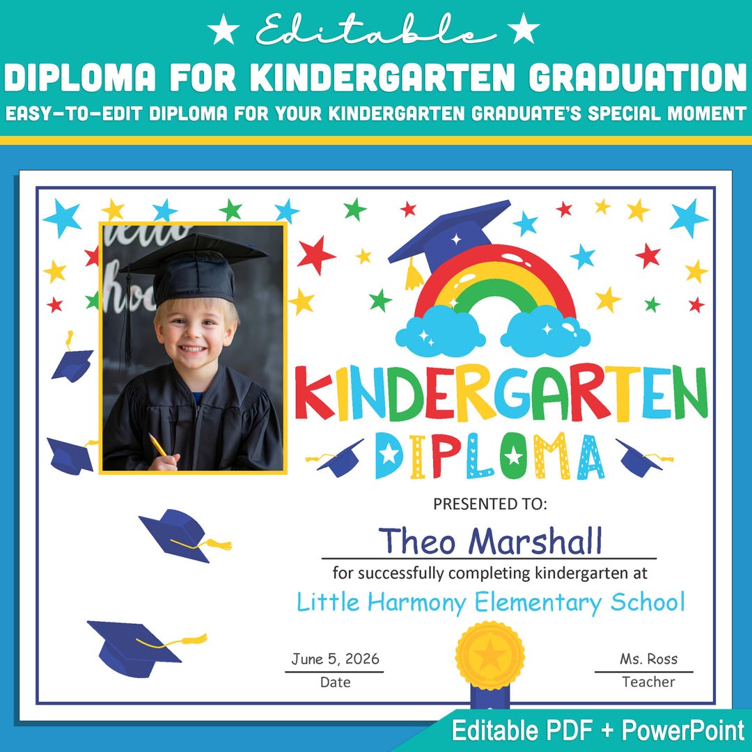 Customizable Kindergarten Diploma Template With Photo: Editable PDF ...
