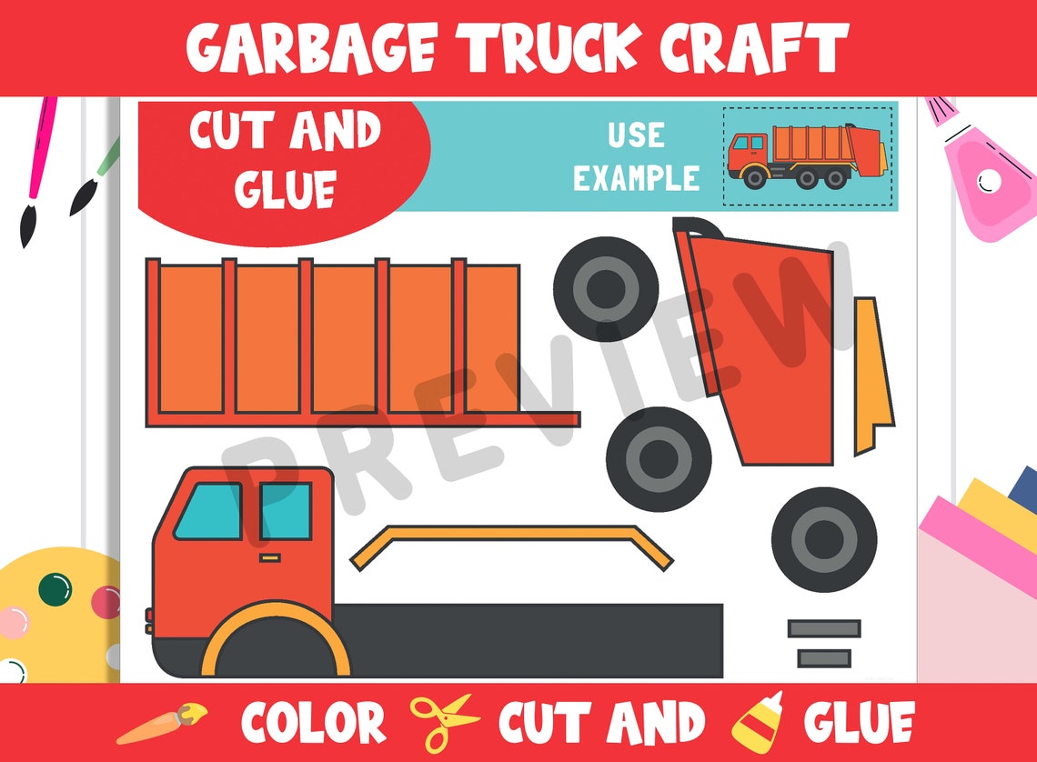 Garbage Truck Craft Activity Color, Cut, and Glue for Prek to 2nd Grade ...