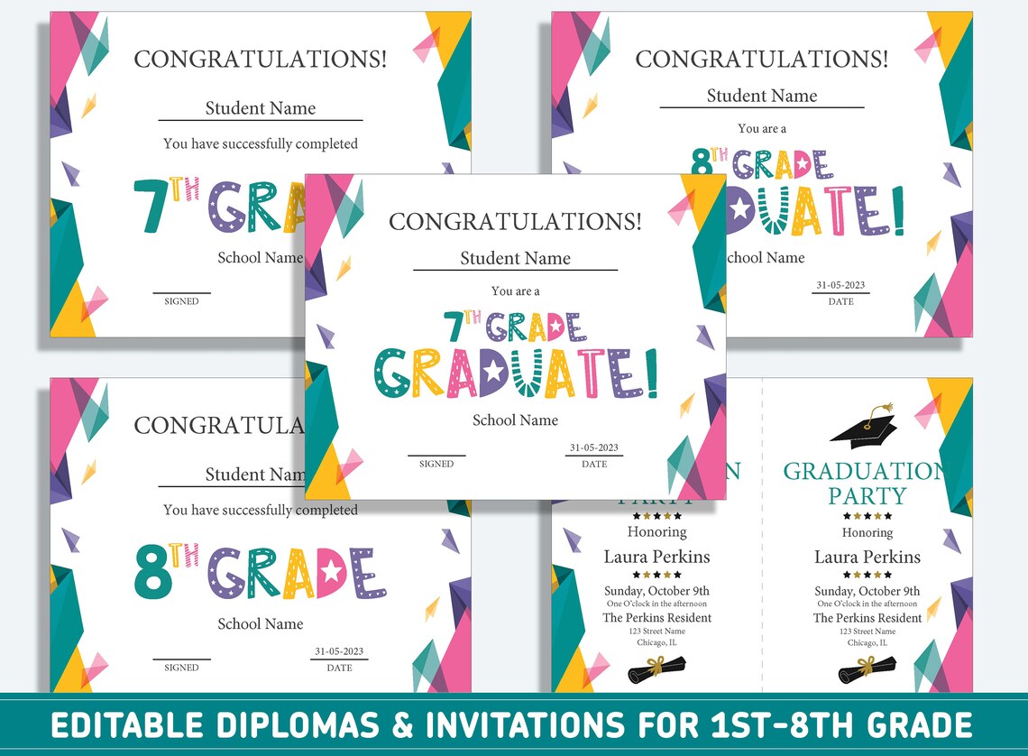 Editable First Grade, Second Grade to 8th Grade Diploma Certificate of ...