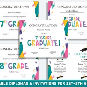 Editable First Grade, Second Grade to 8th Grade Diploma Certificate of ...