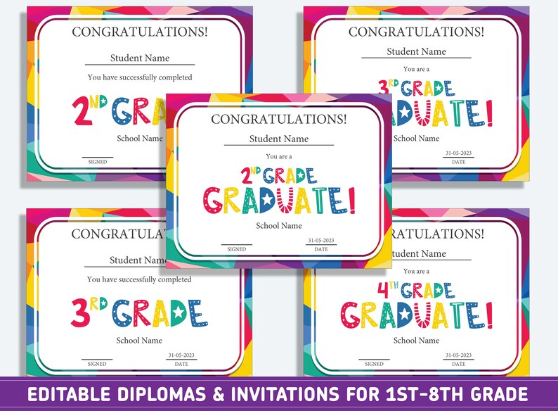 Editable 4th Grade Graduation, 1st to 8th Grade Diploma, Certificate of ...