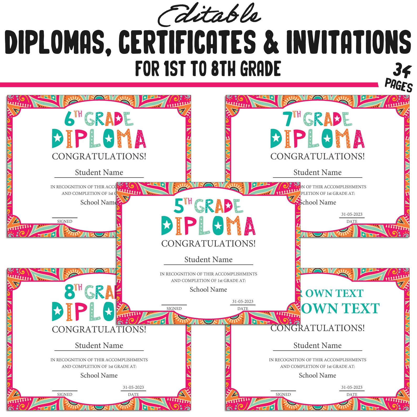 Printable 7th Grade Diplomas, Editable Certificates for 1st-8th Grades ...