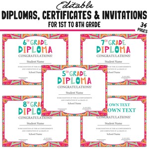 Printable 7th Grade Diplomas, Editable Certificates for 1st-8th Grades ...
