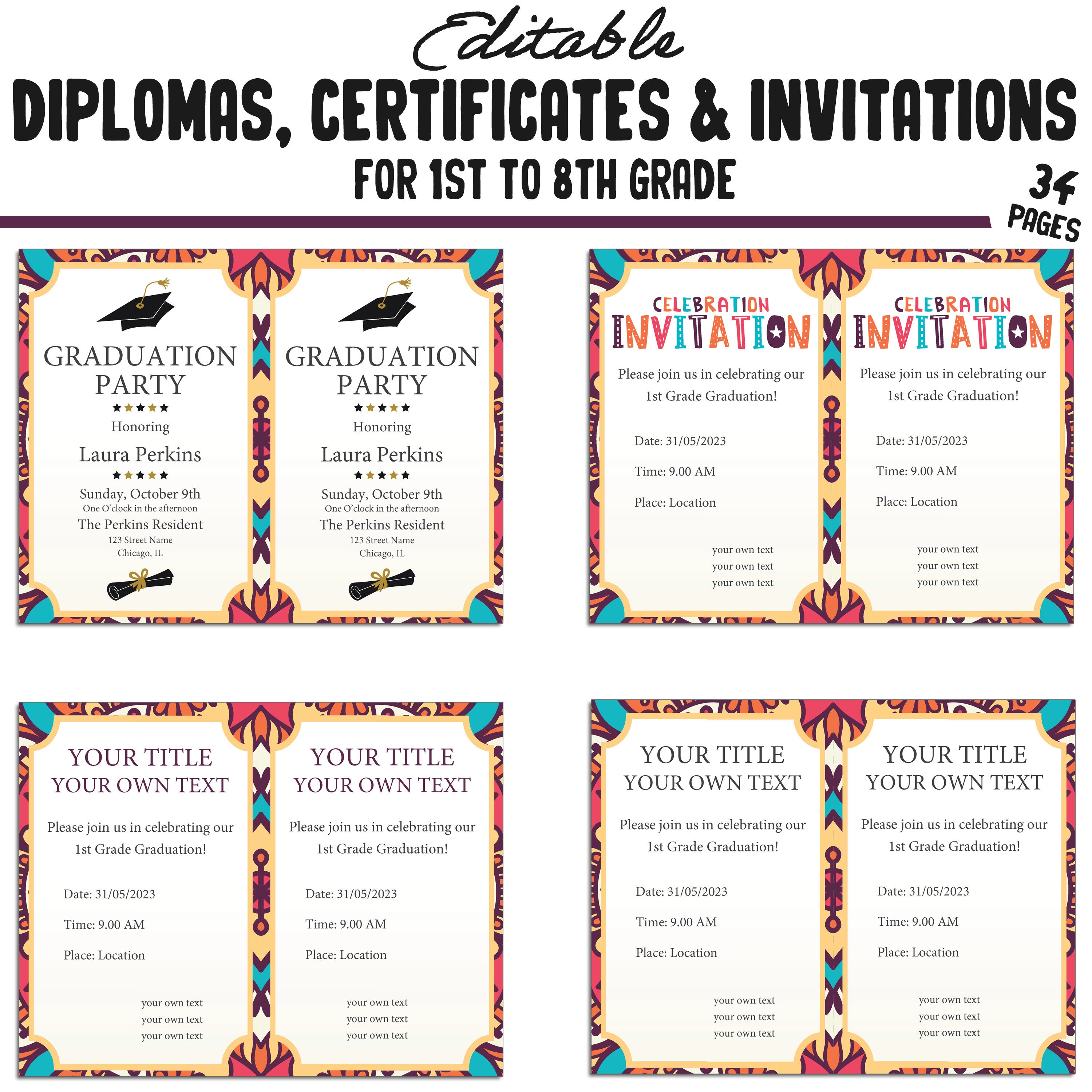 Editable 8th Grade Diplomas, 1st-8th Grade Certificates, and Invitation ...