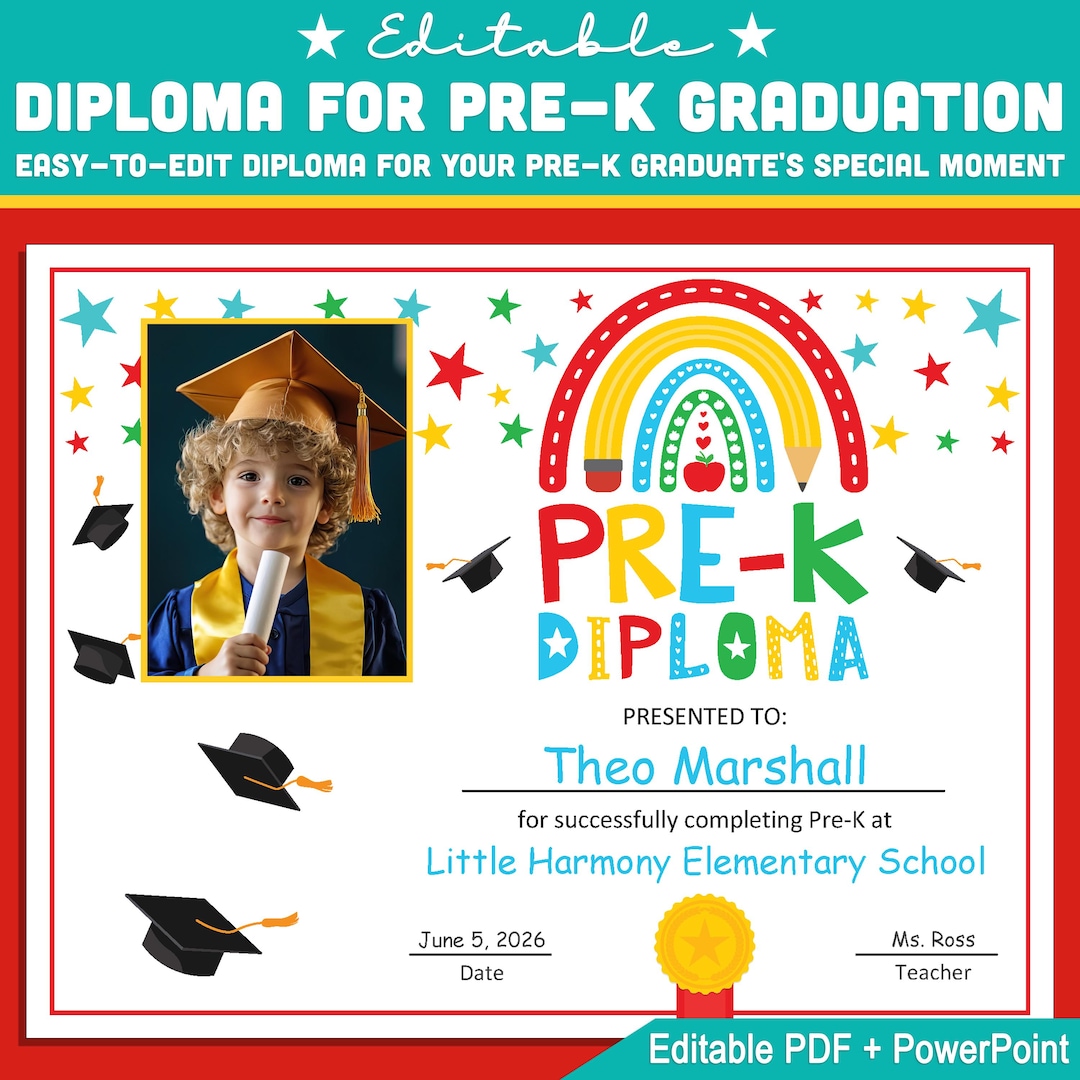 Editable Pre-k Diploma With Photo: Graduation Certificate Template ...