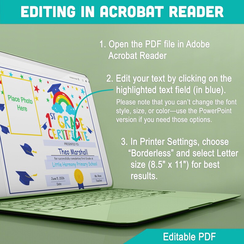 First Grade Certificate Template With Photo: Editable Letter Size PDF ...