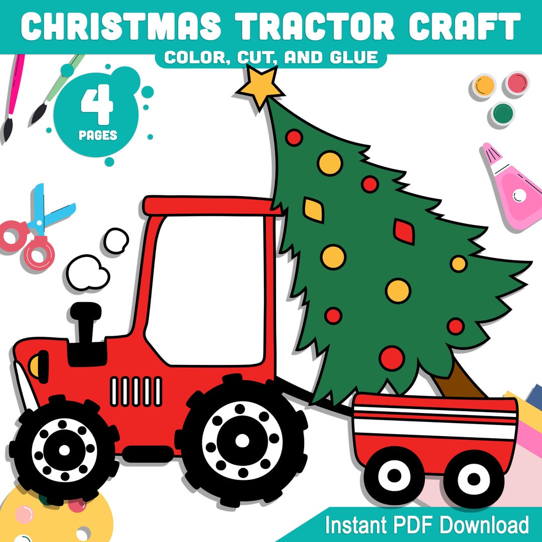 Christmas Tractor With Tree Craft Template: Fun Color, Cut & Glue ...