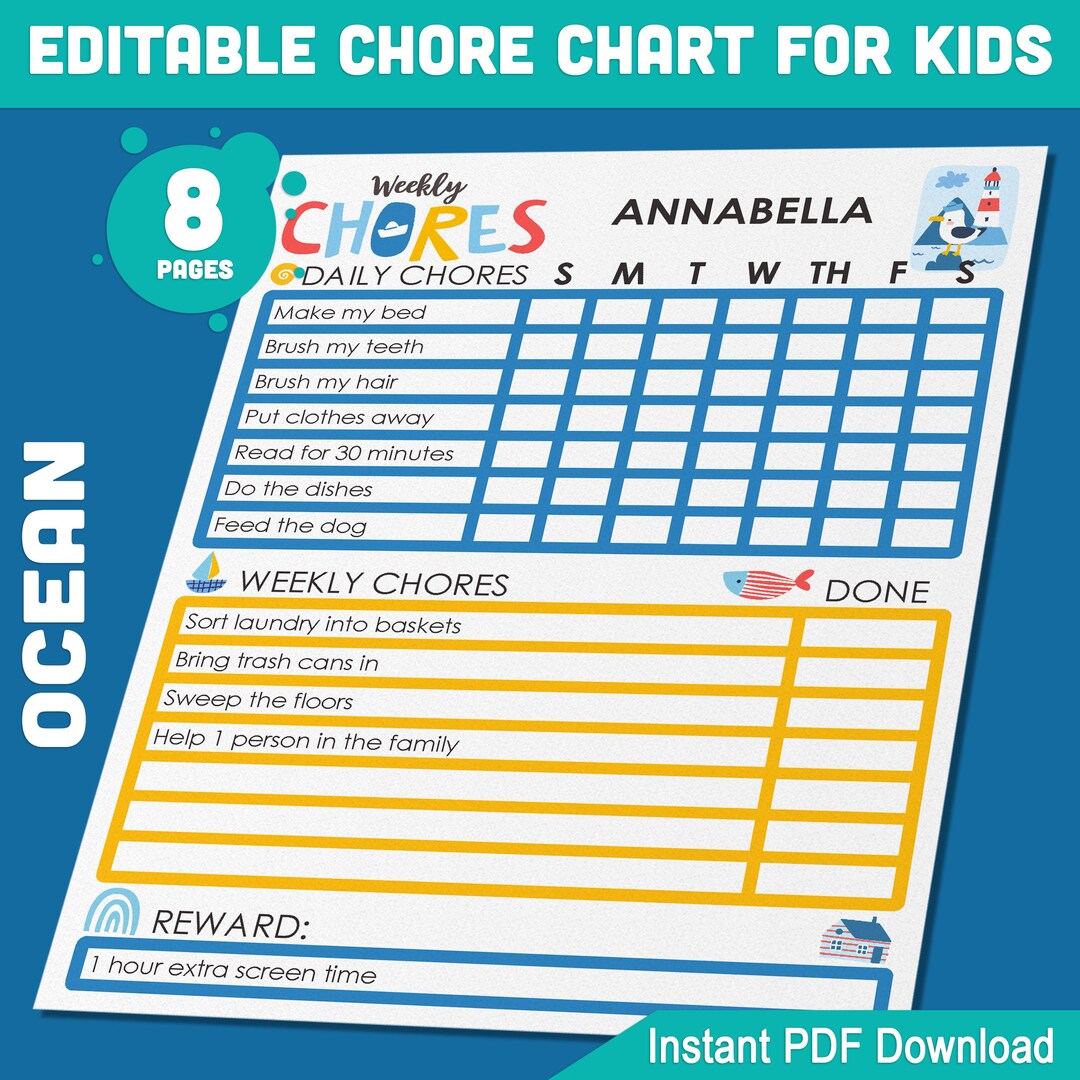 Ocean-themed Chore Chart for Kids: Printable and Editable ...