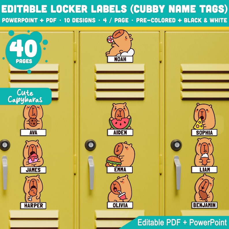 Editable Locker Labels (cubby Name Tags), Capybara Themed, 10 Designs ...