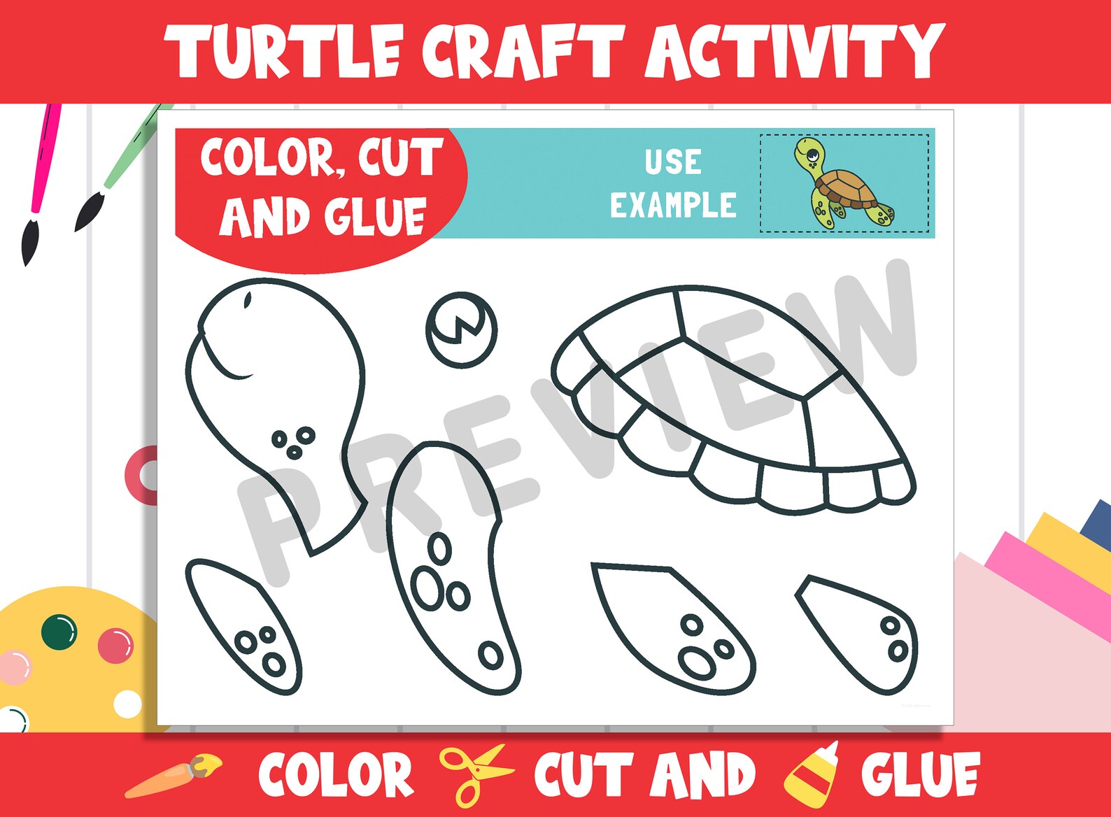 Cute Turtle Craft Activity Color, Cut, and Glue for Prek to 2nd Grade ...