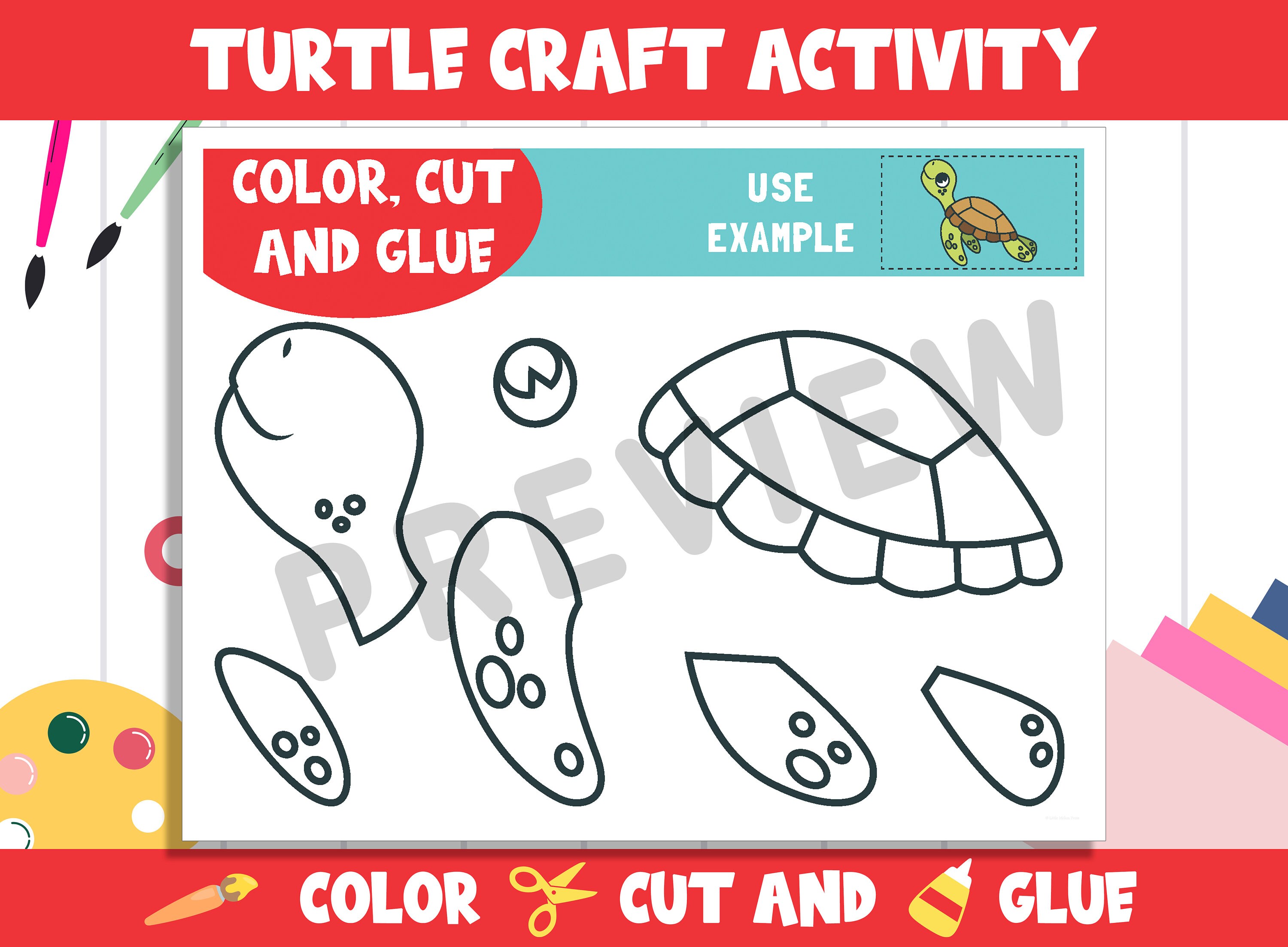 Cute Turtle Craft Activity Color, Cut, and Glue for Prek to 2nd Grade ...