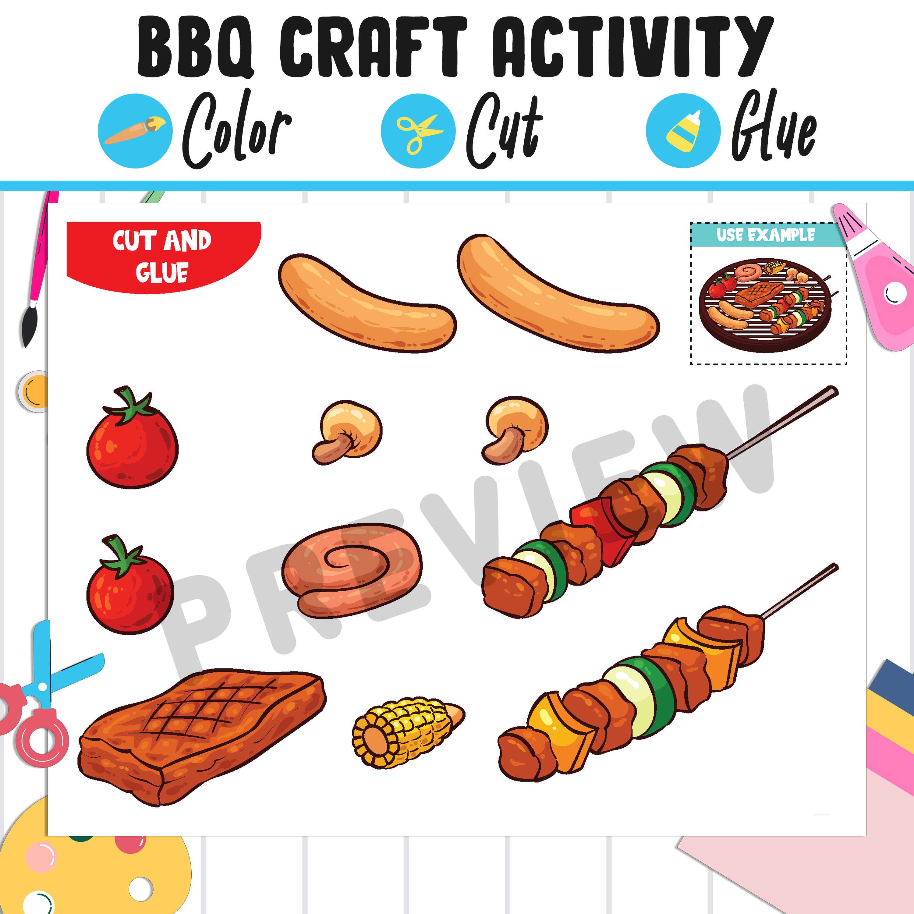 Barbeque Craft Ideas, BBQ Craft Activity Color, Cut, and Glue for Prek ...