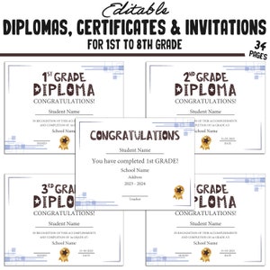 Printable 5th Grade Diplomas, Editable Certificates for 1st-8th Grades ...