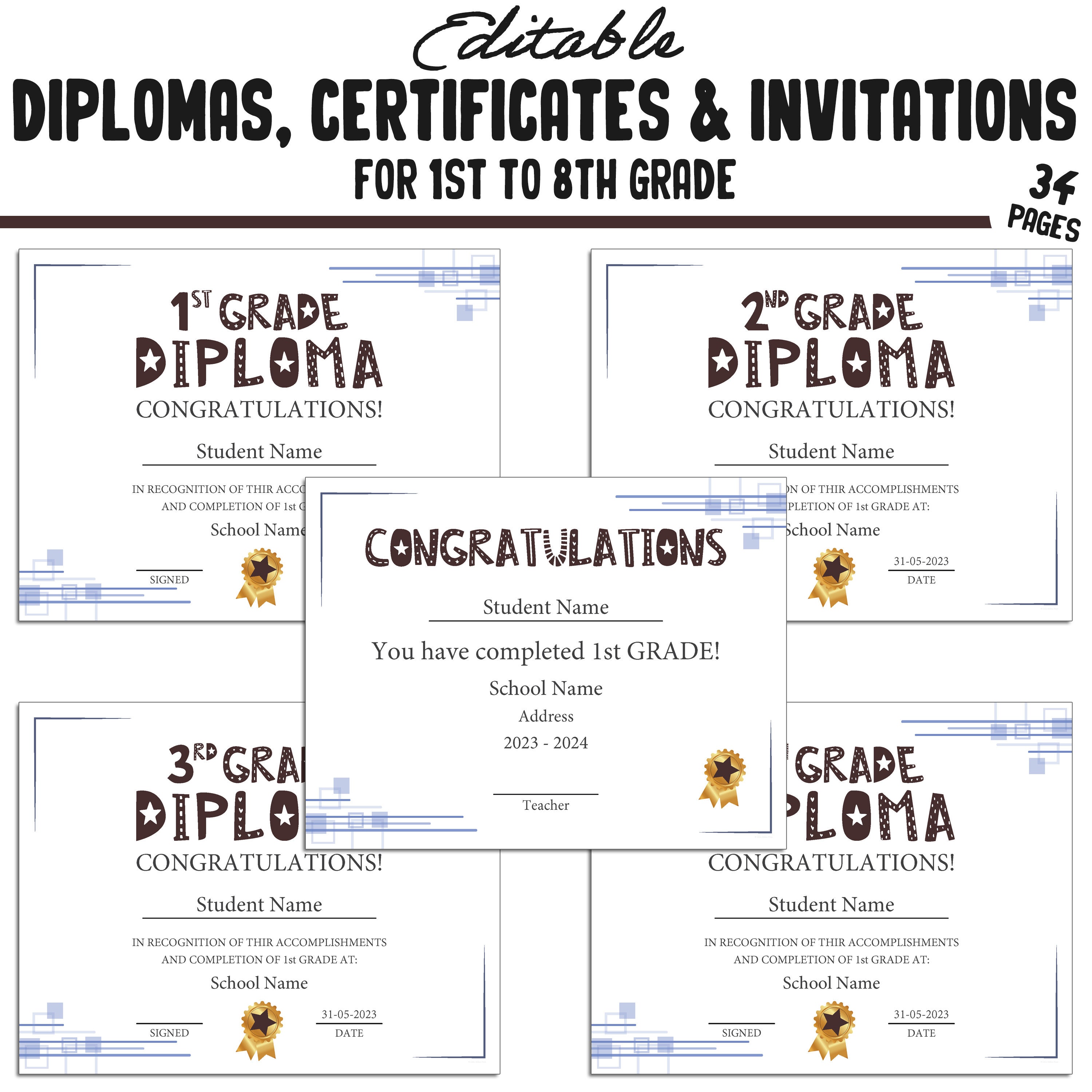 Printable 5th Grade Diplomas, Editable Certificates for 1st-8th Grades ...