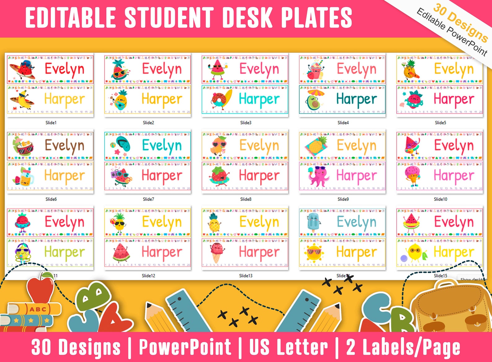 Student Desk Plates, 30 Printable/editable Fun Summer Classroom Name ...