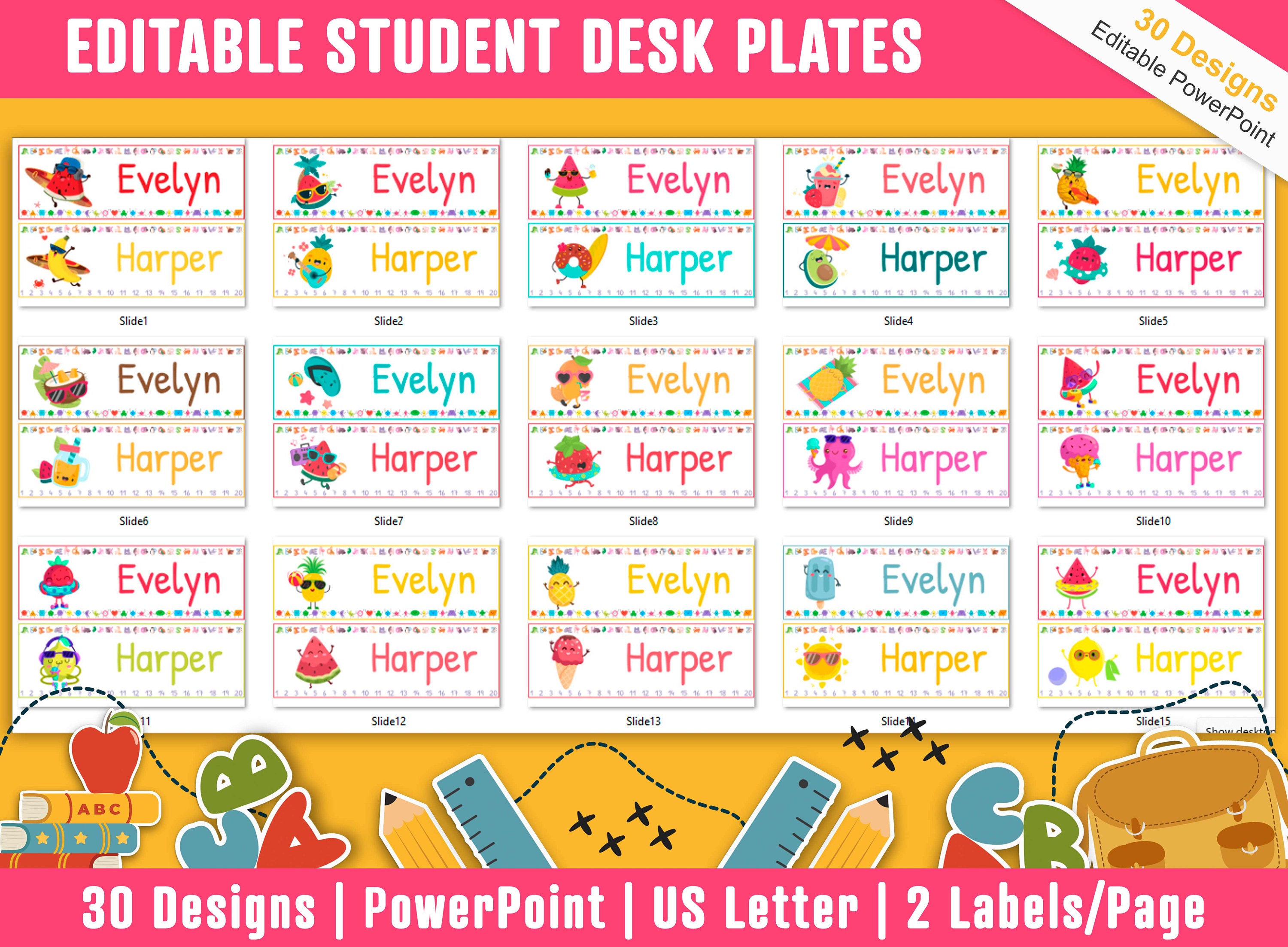 Student Desk Plates, 30 Printable/editable Fun Summer Classroom Name ...