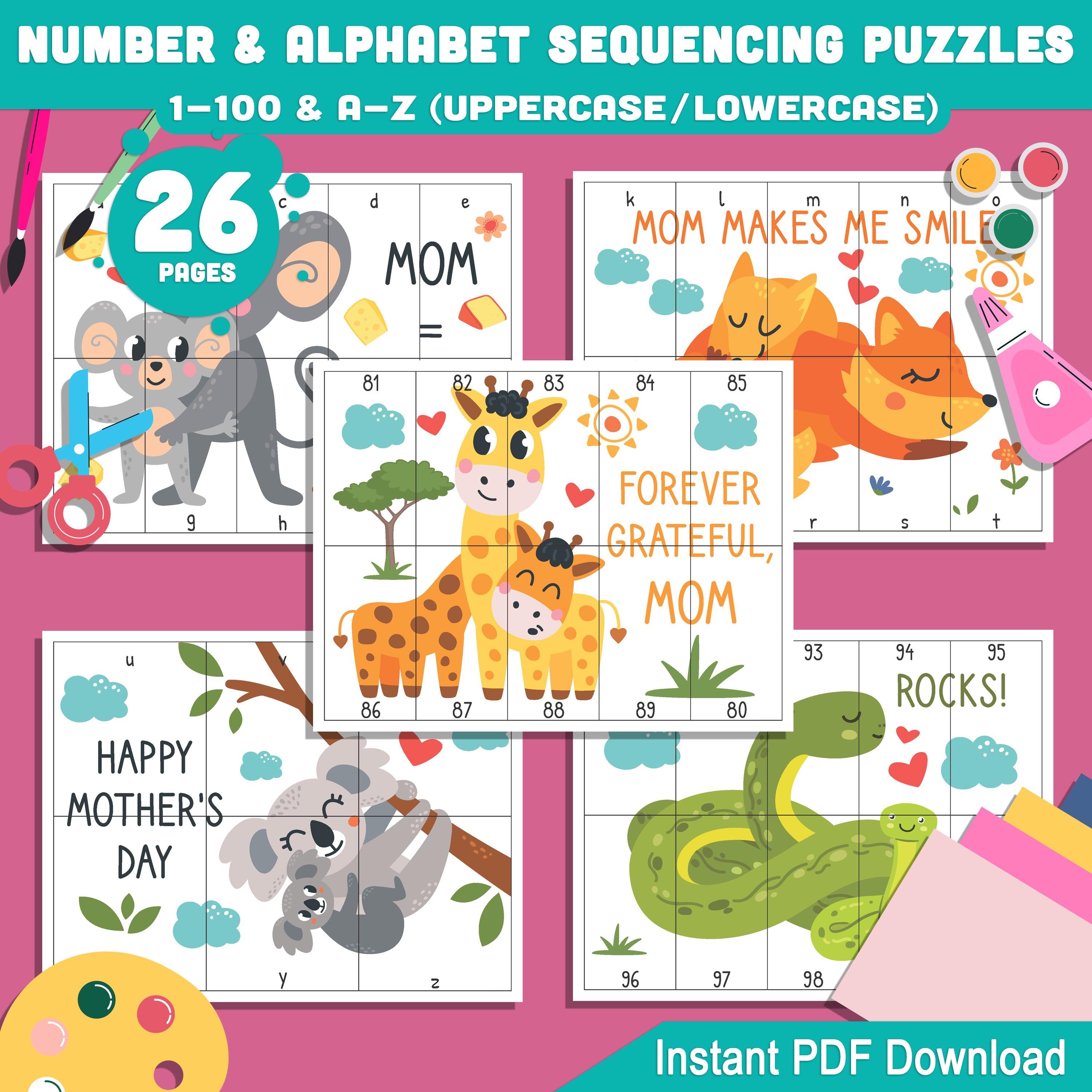 Mother's Day Printable Puzzles: Number Sequence 1-100, Alphabet A-Z ...