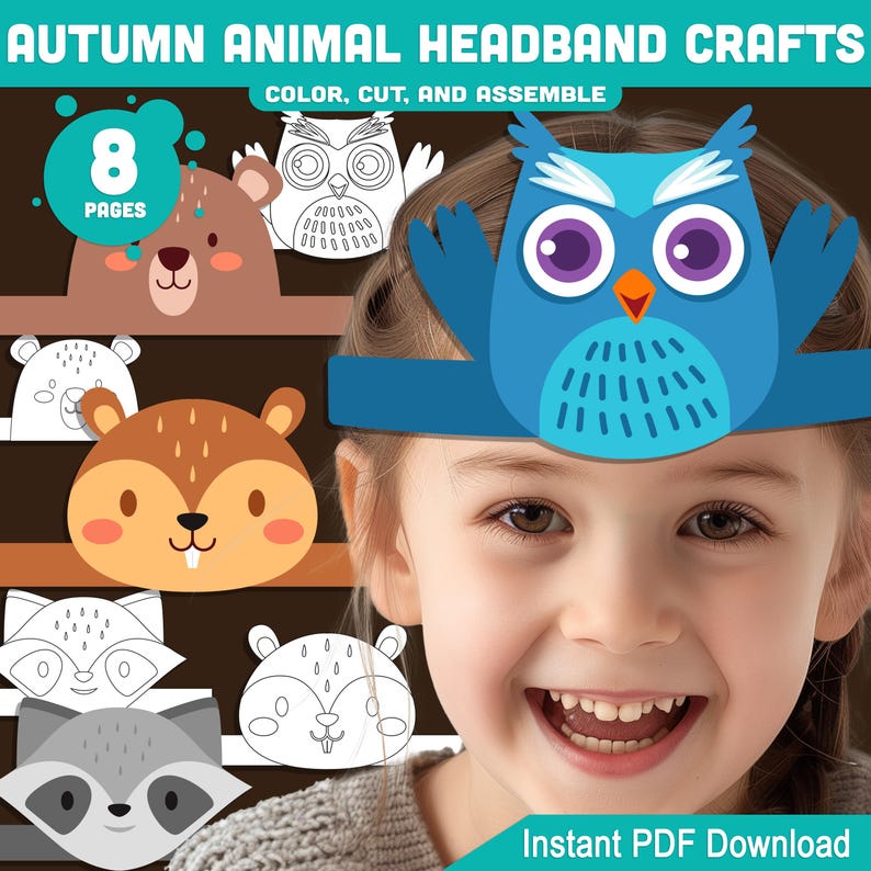 Printable Autumn Animal Headband Crafts, Fall Paper Crown and Coloring ...