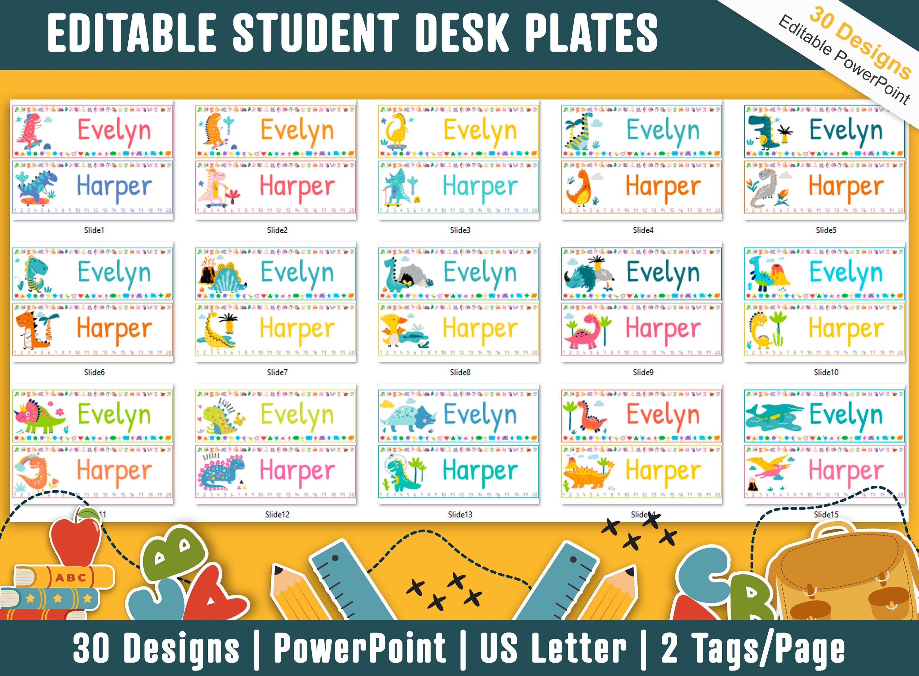 Student Desk Name Plates, 30 Printable/editable Dinosaur Classroom Name ...