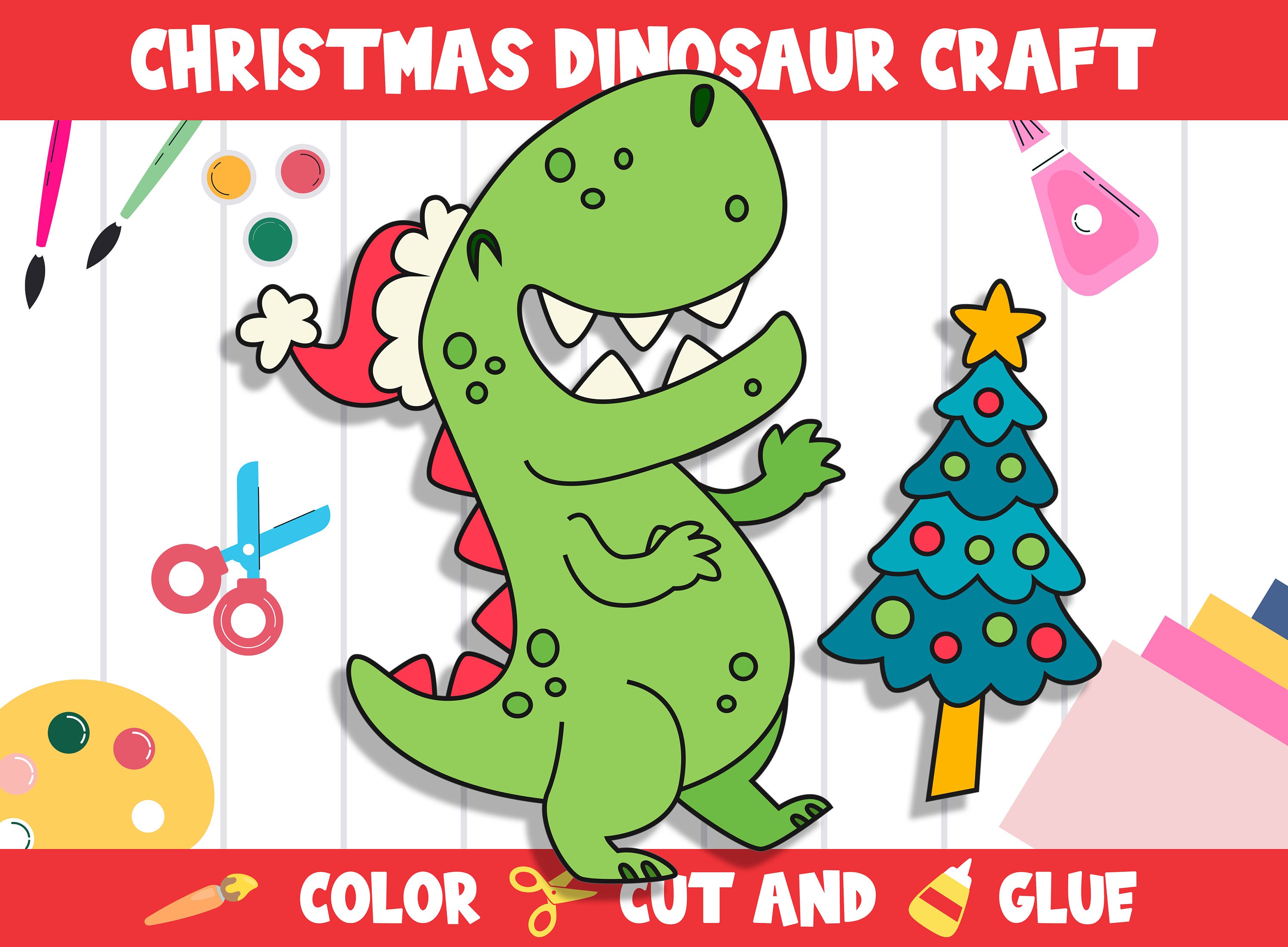 Christmas Dinosaur Craft Activity Color, Cut, and Glue for Prek to 2nd ...