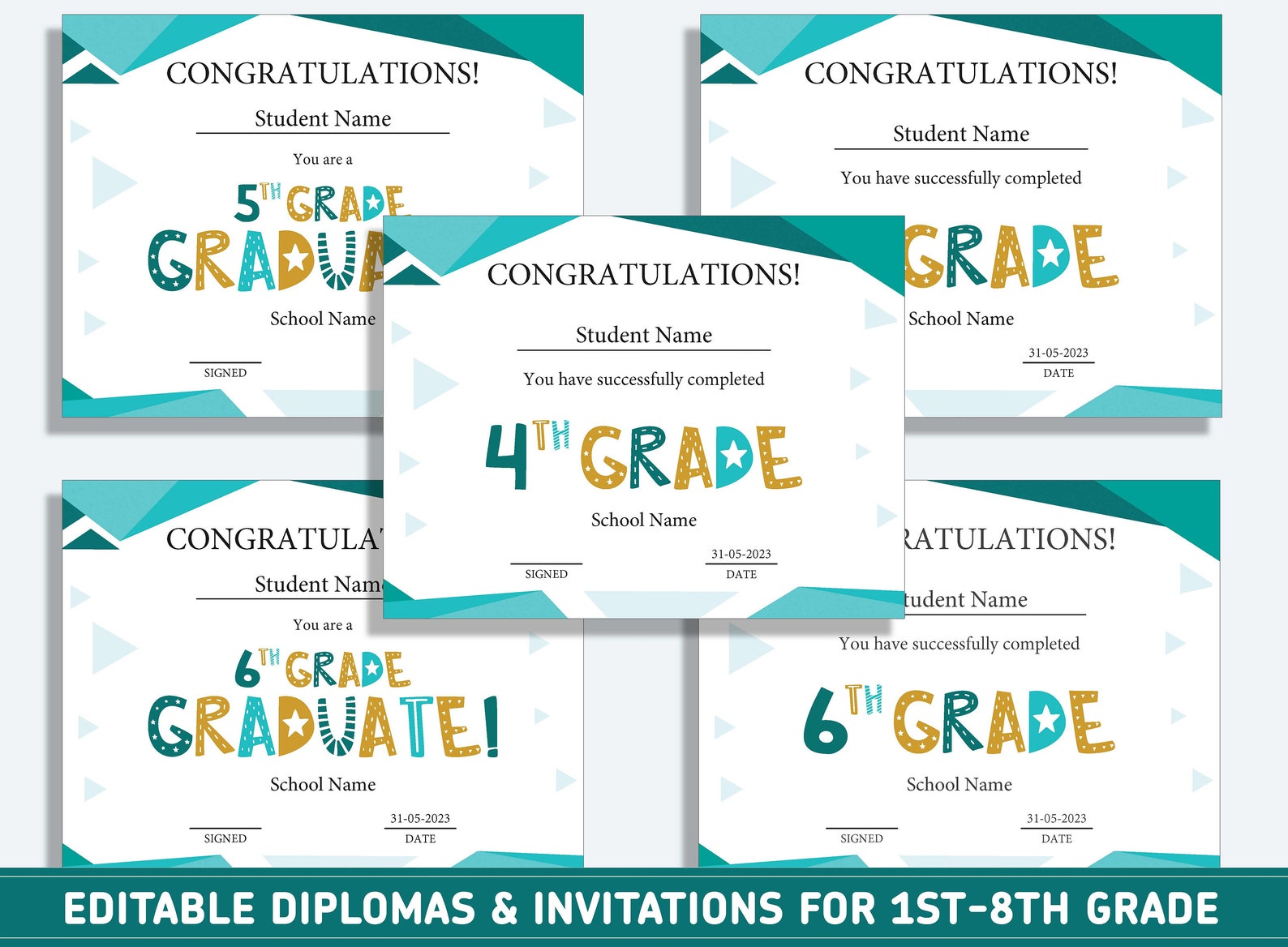 Editable 7th Grade Graduation, 1st to 8th Grade Diploma, Certificate of ...
