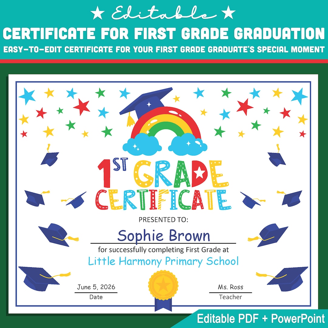 Editable First Grade Certificate Template: Customizable Letter Size PDF ...