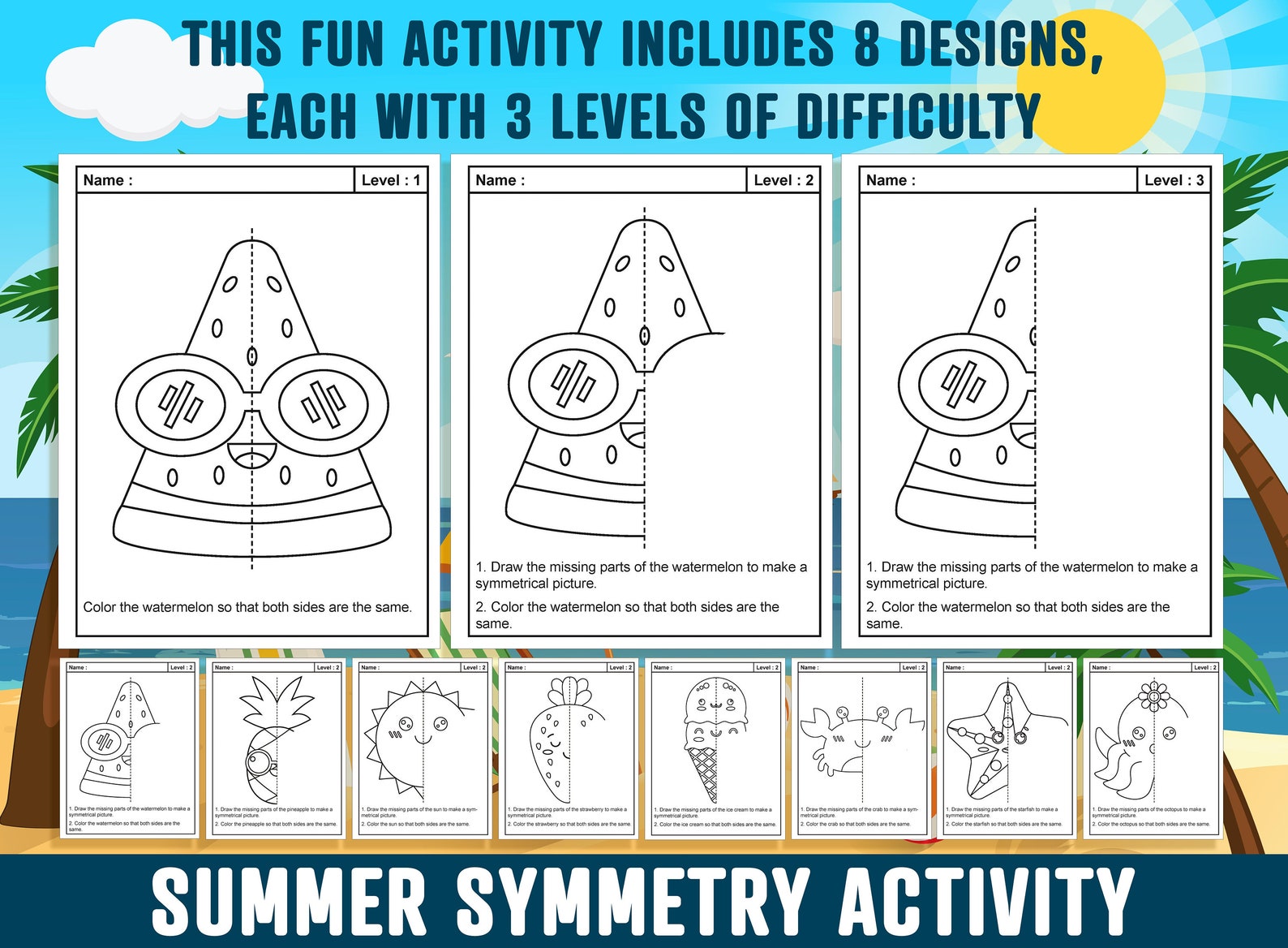 Summer Symmetry Worksheet, Summer Theme Lines of Symmetry Activity, 24 ...