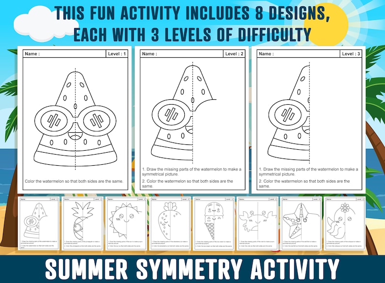 Summer Symmetry Worksheet, Summer Theme Lines of Symmetry Activity, 24 ...