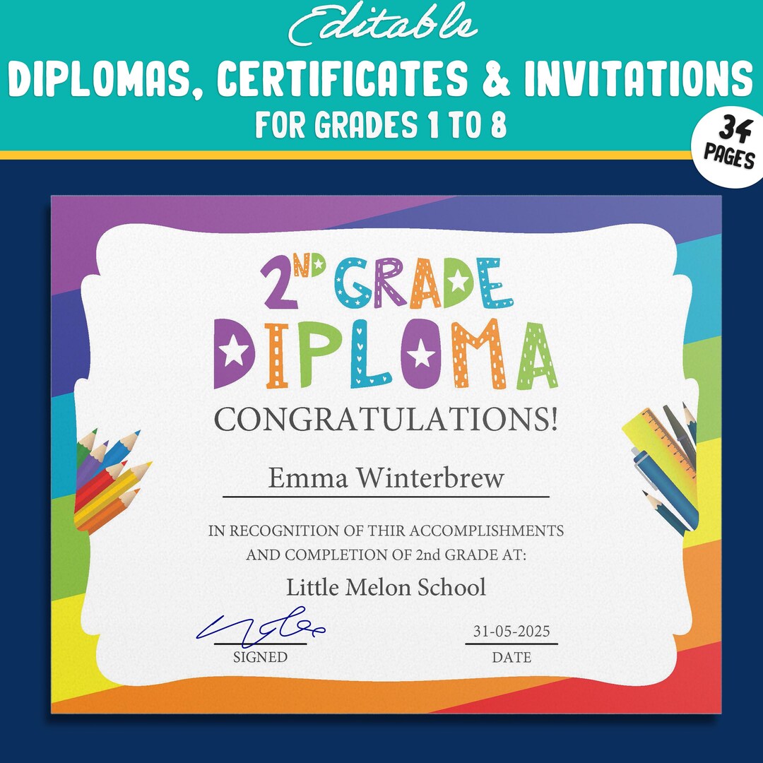 Editable Second Grade Diploma, 1st to 8th Grade Diploma, Certificate of ...