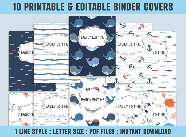 Whales and Waves Binder Cover, 10 Printable/editable Binder Covers ...