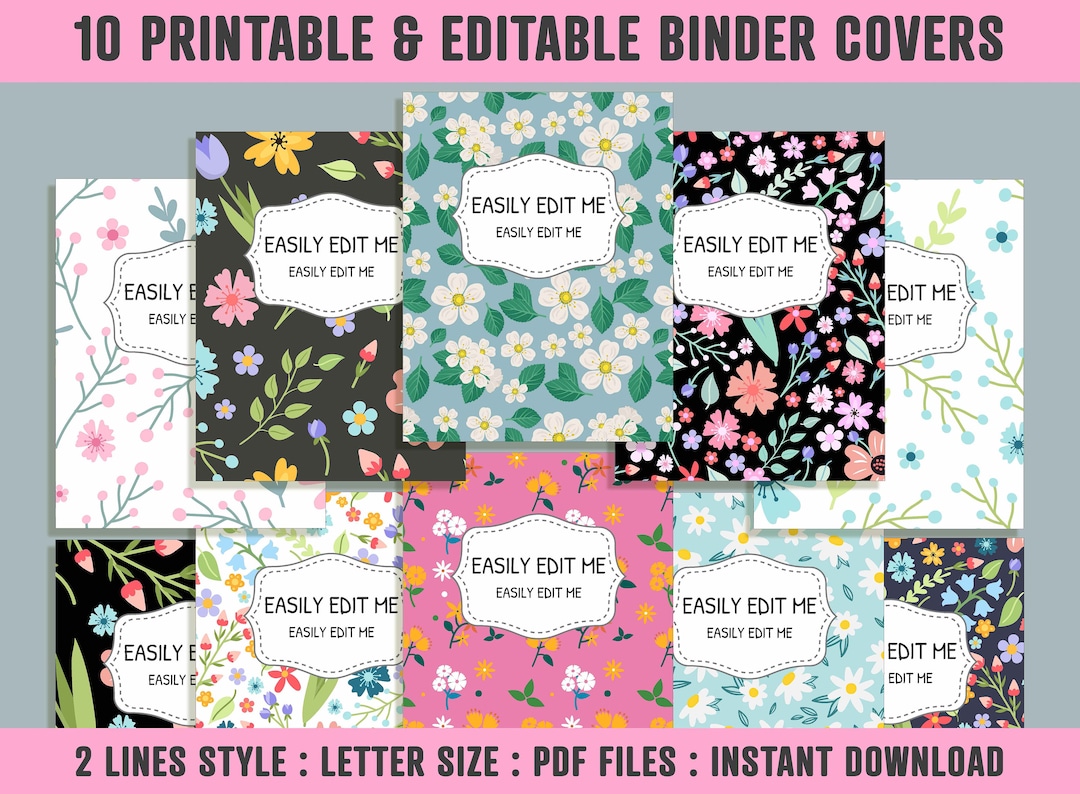 Flowers and Leaves Binder Cover, 10 Printable & Editable Coversspines ...