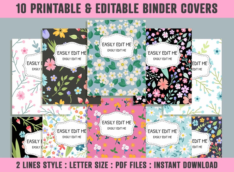 Flowers and Leaves Binder Cover, 10 Printable & Editable Coversspines ...