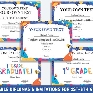 Editable First Grade Certificate, 1st to 8th Grade Diploma, Certificate ...