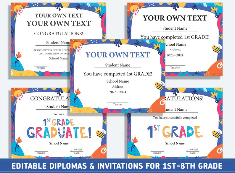 Editable First Grade Certificate, 1st to 8th Grade Diploma, Certificate ...