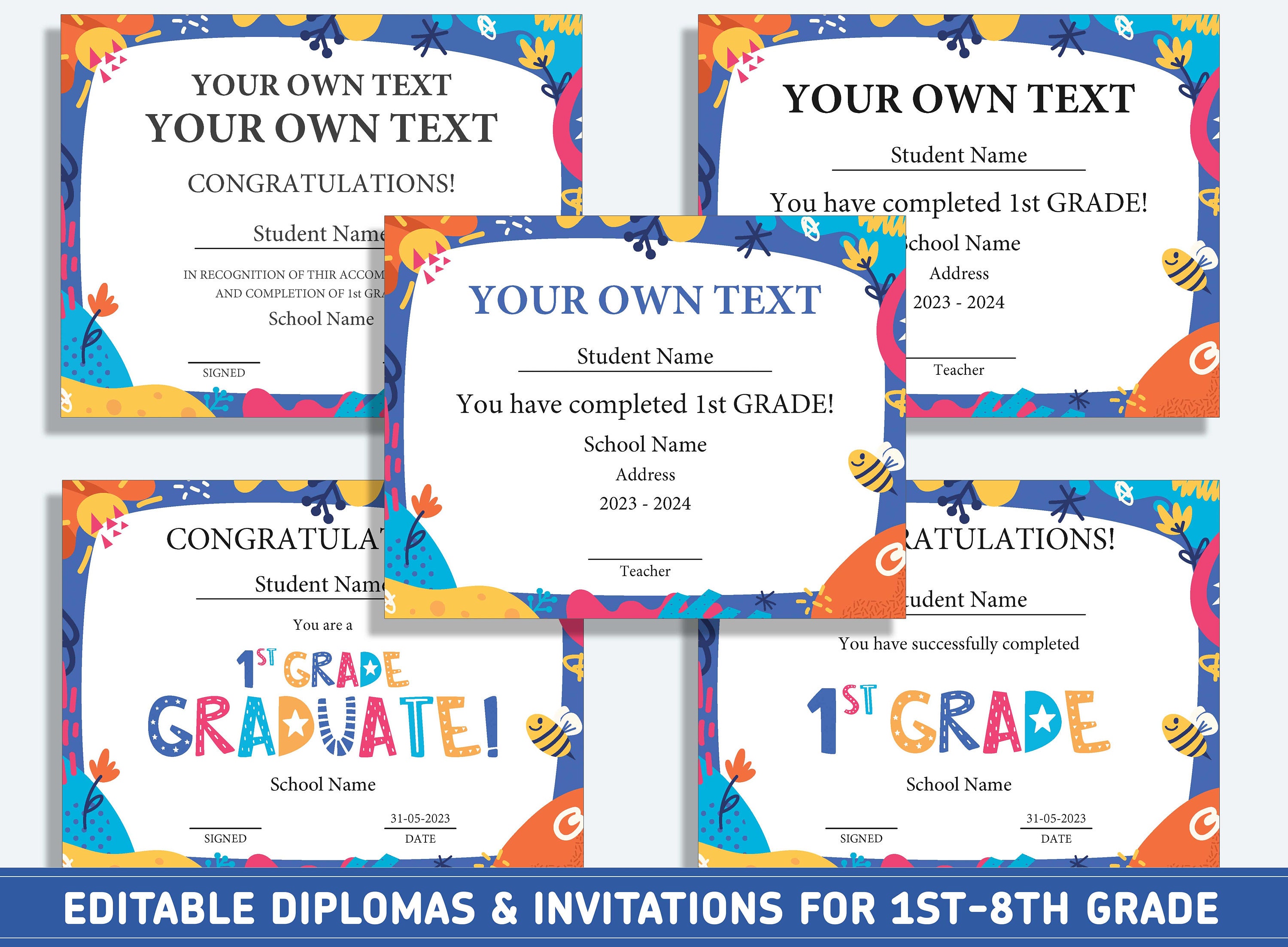 Editable First Grade Certificate, 1st to 8th Grade Diploma, Certificate ...