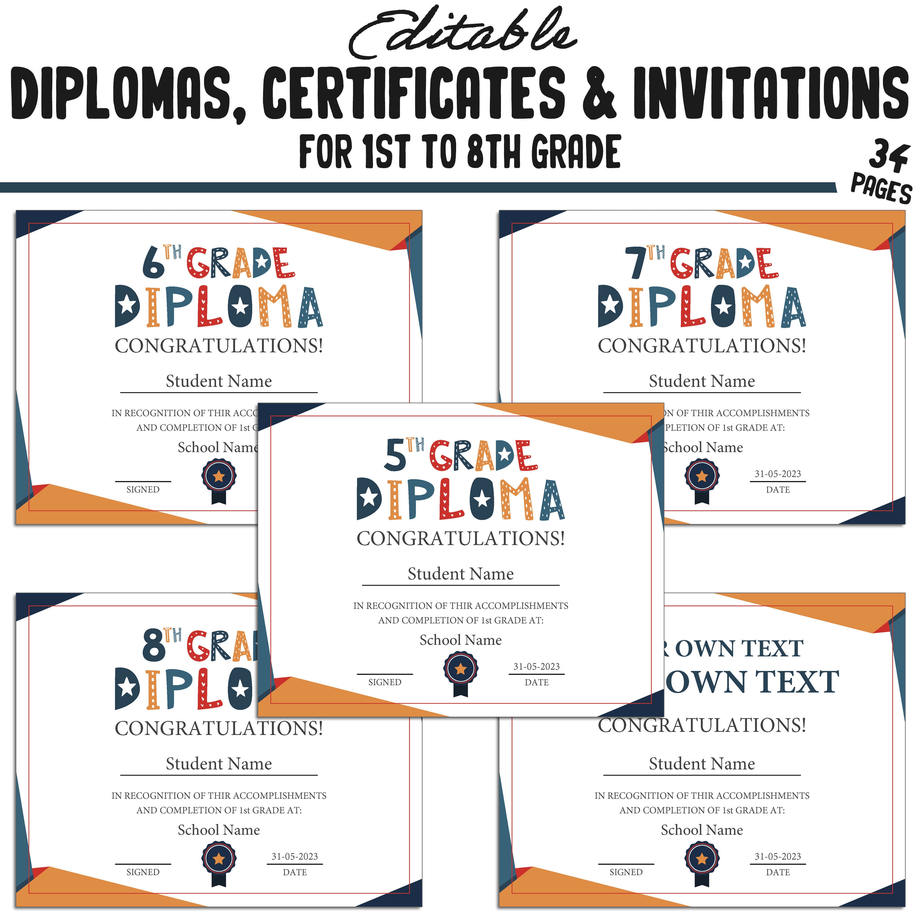 Printable 4th Grade Diplomas, Editable Certificates for 1st-8th Grades ...