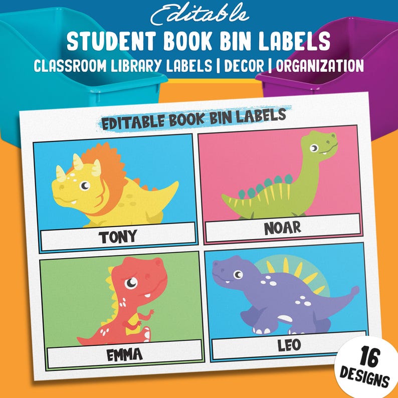 Editable Dinosaur Book Bin Labels: 16 Customizable Designs for Perfect ...