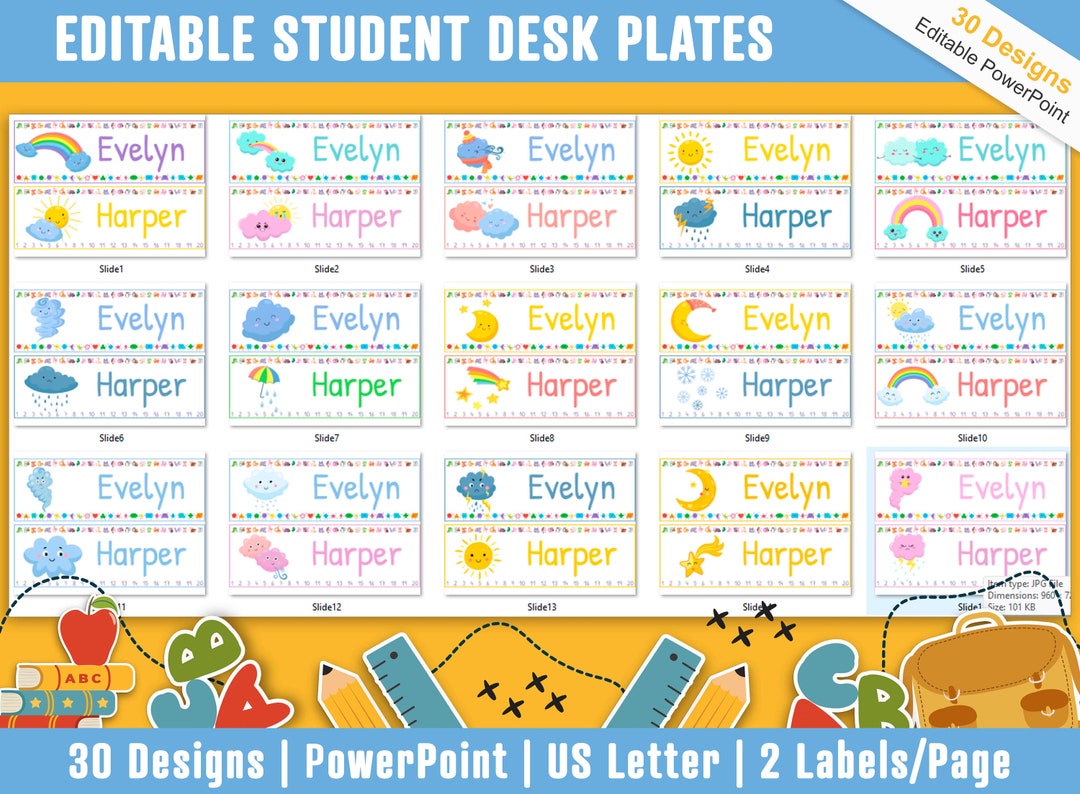 Student Desk Plates, 30 Printable/editable Cute Weather Classroom Name ...