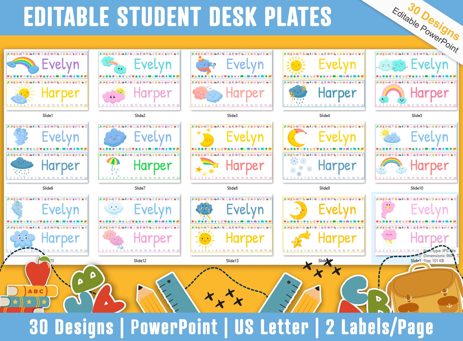 Student Desk Plates, 30 Printable/editable Cute Weather Classroom Name ...