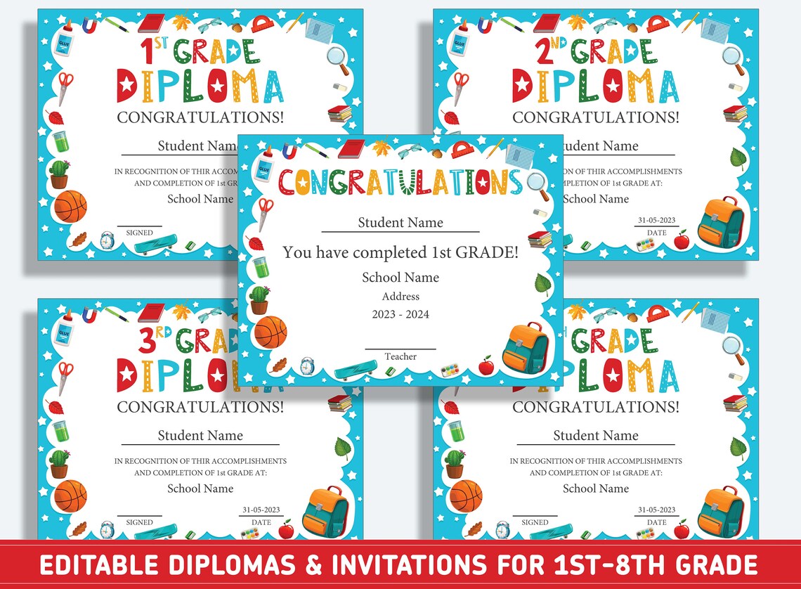 Editable 1st Grade Graduation, 1st to 8th Grade Diploma, Certificate of ...