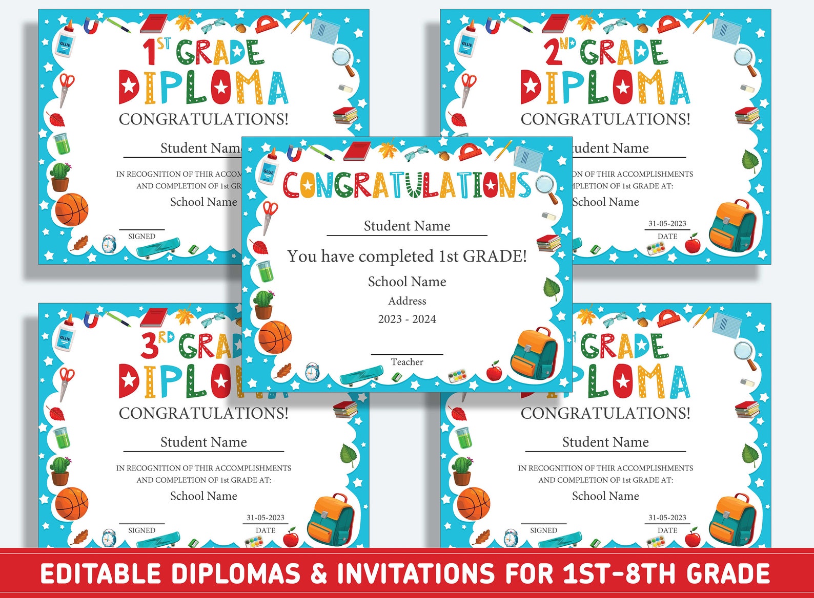 Editable 1st Grade Graduation, 1st to 8th Grade Diploma, Certificate of ...
