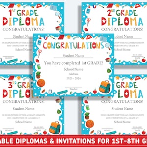 Editable 1st Grade Graduation, 1st to 8th Grade Diploma, Certificate of ...