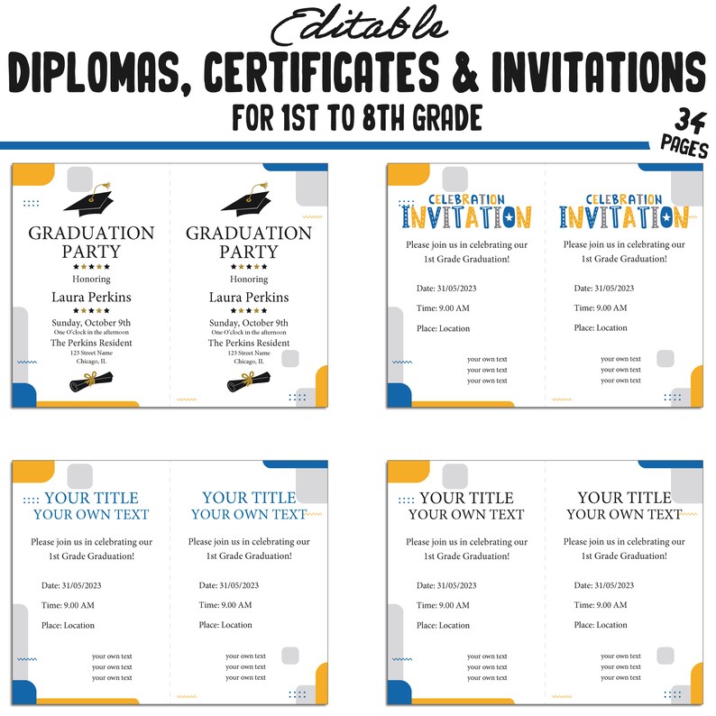 Editable 1st Grade Diploma, 1st-8th Grade Certificates, and Invitation ...
