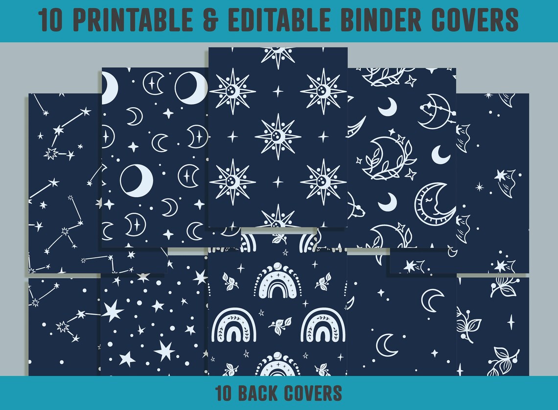 Moon, Rainbow, Stars Binder Cover, 10 Printable & Editable Binder ...
