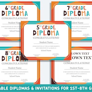 Editable 8th Grade Diploma, 1st to 8th Grade Diploma, Certificate of ...