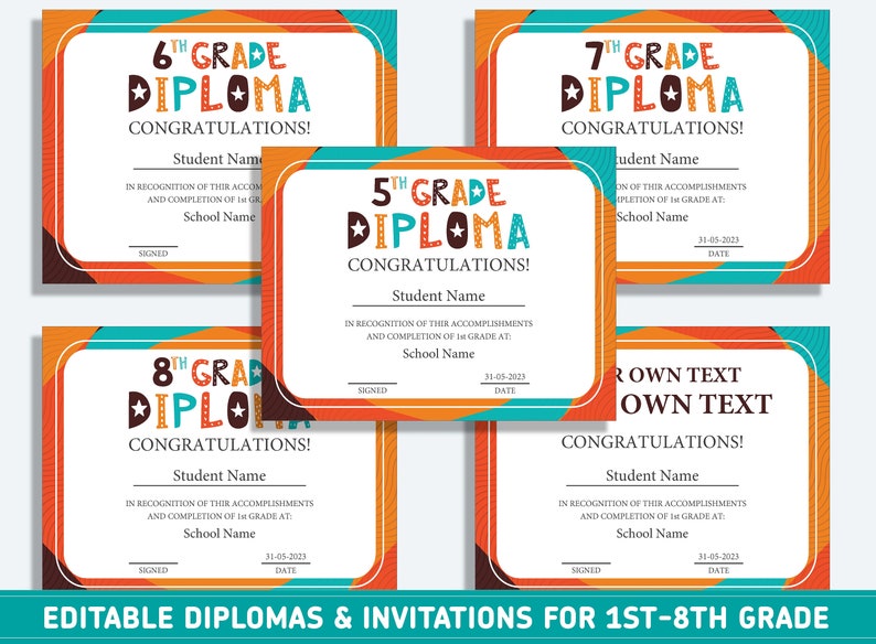 Editable 8th Grade Diploma 1st to 8th Grade Diploma - Etsy