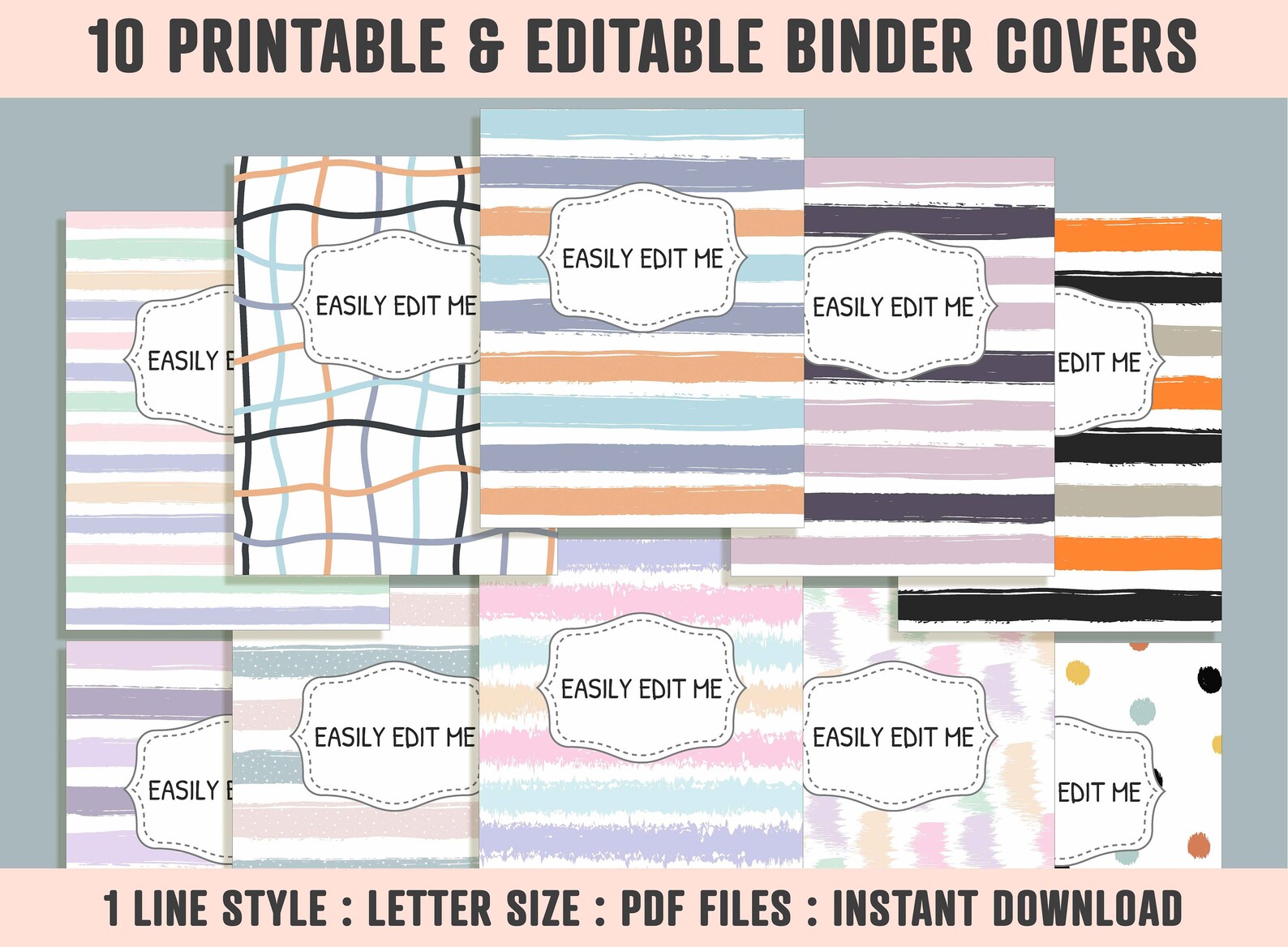 Hand Drawn Striped Pattern Binder Cover, 10 Printable & Editable Binder ...